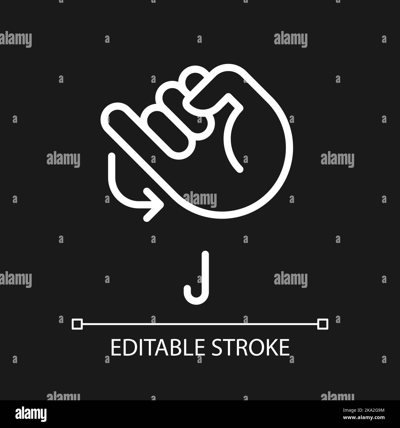Letter J sign in ASL pixel perfect white linear icon for dark theme ...
