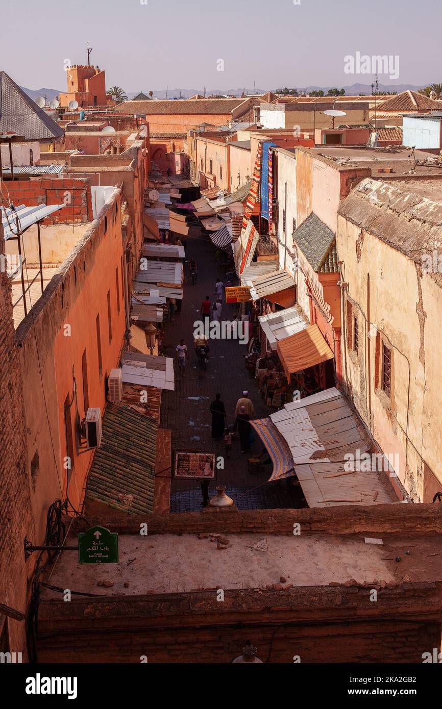 A view of a busy and crowdy street in Marrakesh, Marocco surrounded by ...