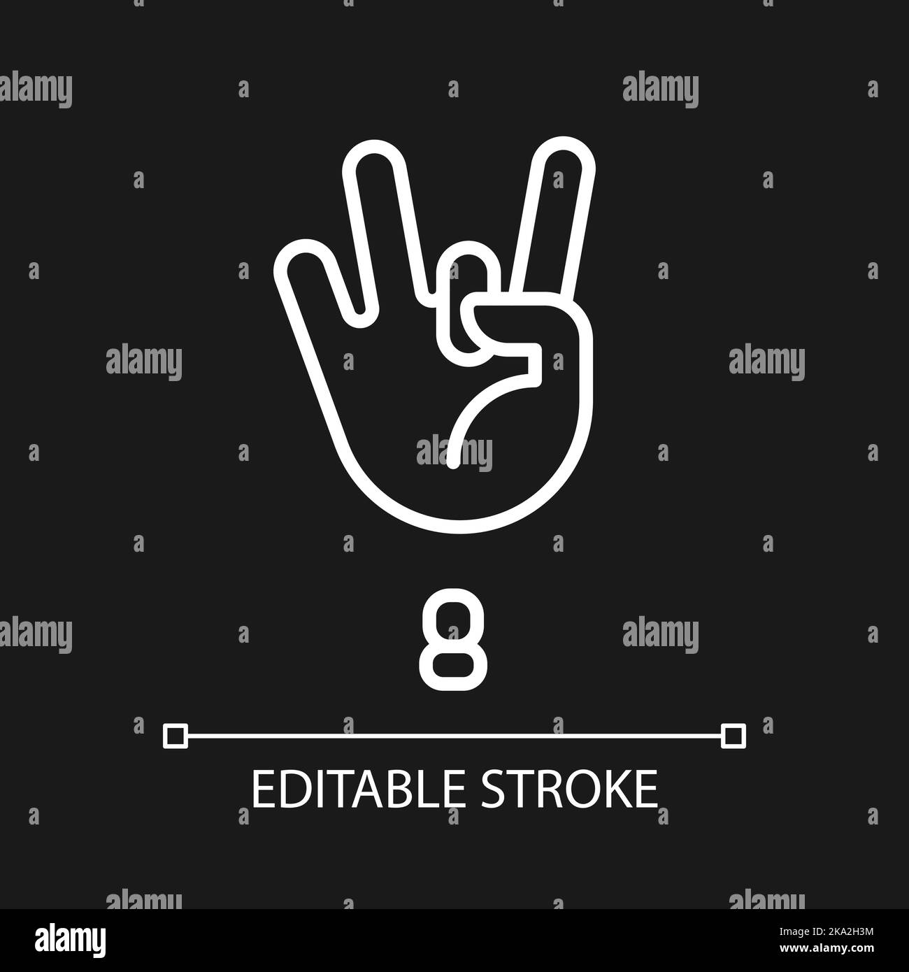 Digit eight sign in ASL pixel perfect white linear icon for dark theme ...