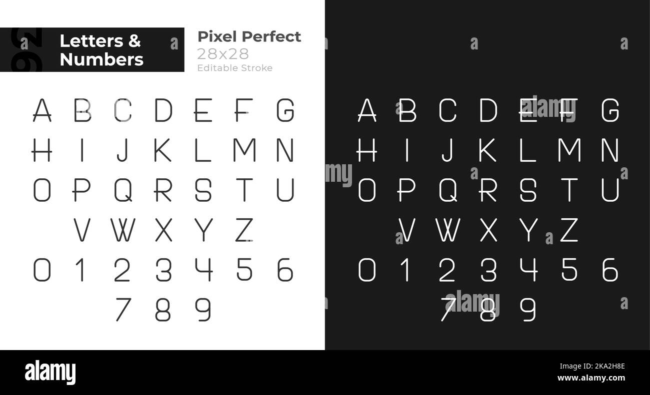 Numbers and letters pixel perfect linear icons set for dark, light mode ...
