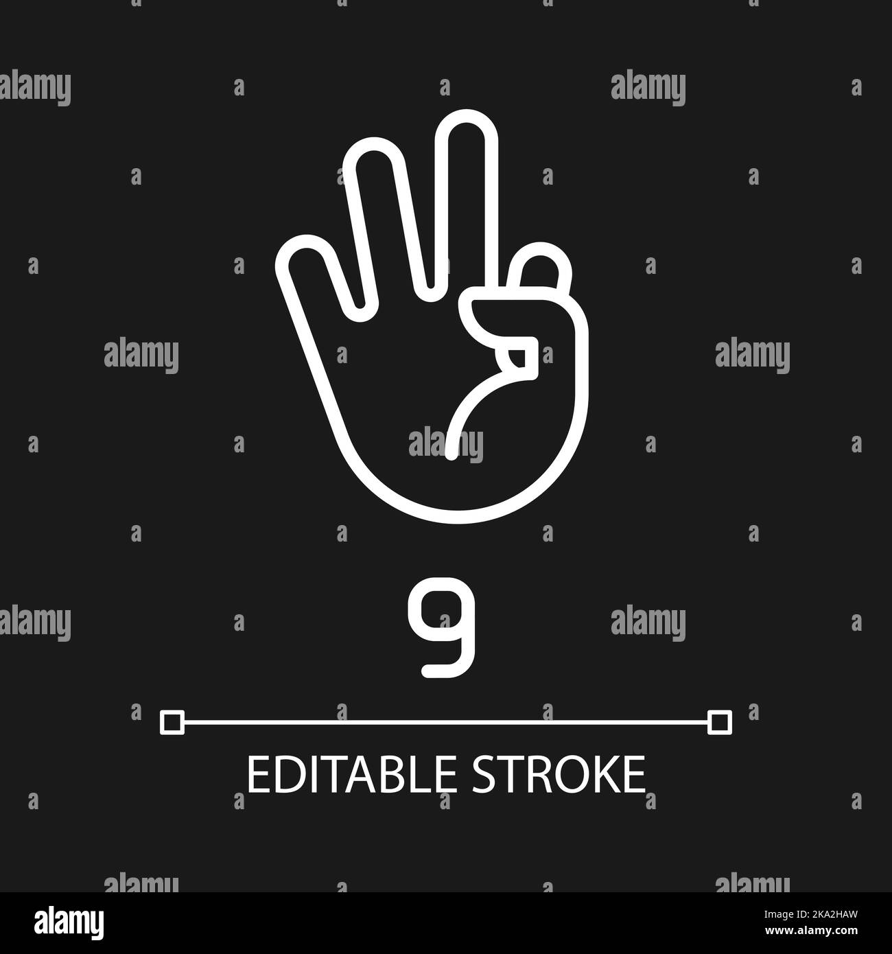 Signing digit nine in ASL pixel perfect white linear icon for dark ...
