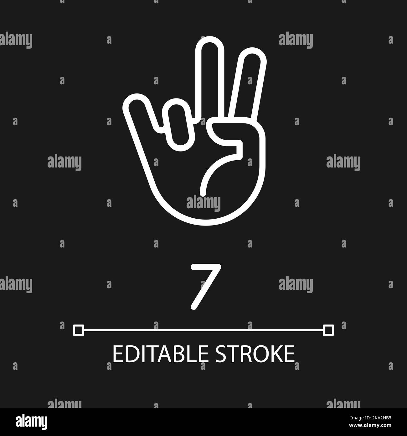Digit seven sign in ASL pixel perfect white linear icon for dark theme ...