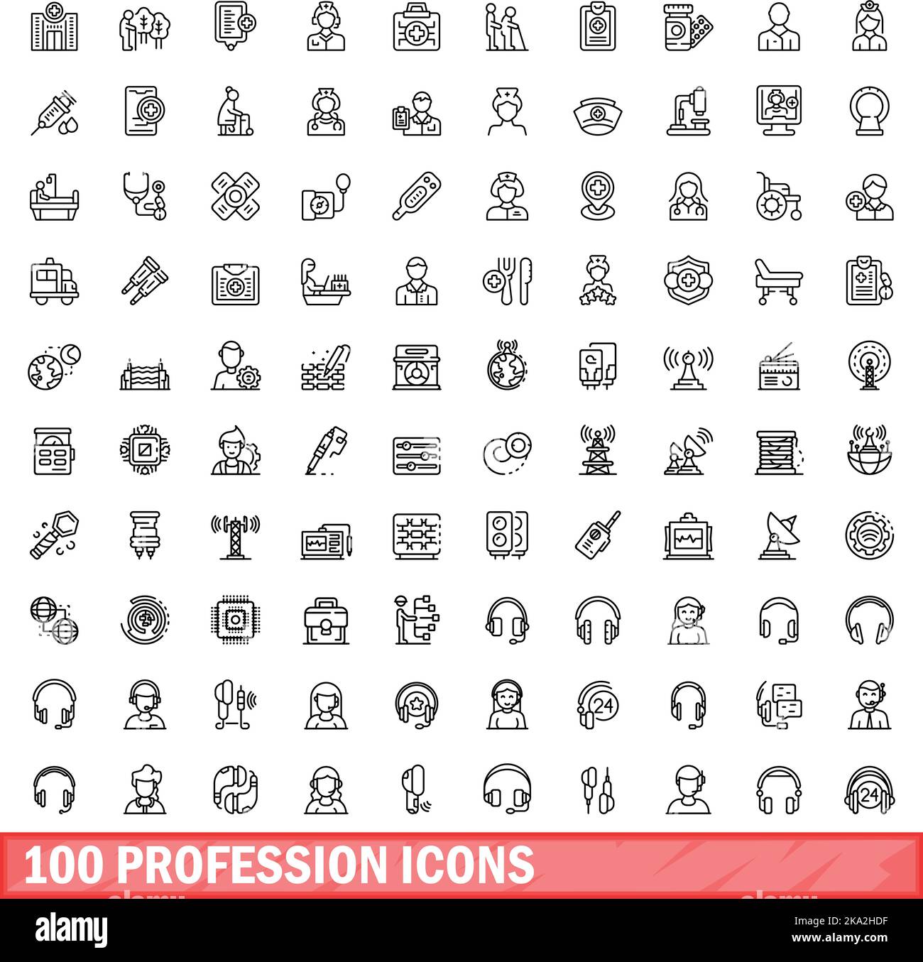 100 profession icons set. Outline illustration of 100 profession icons ...