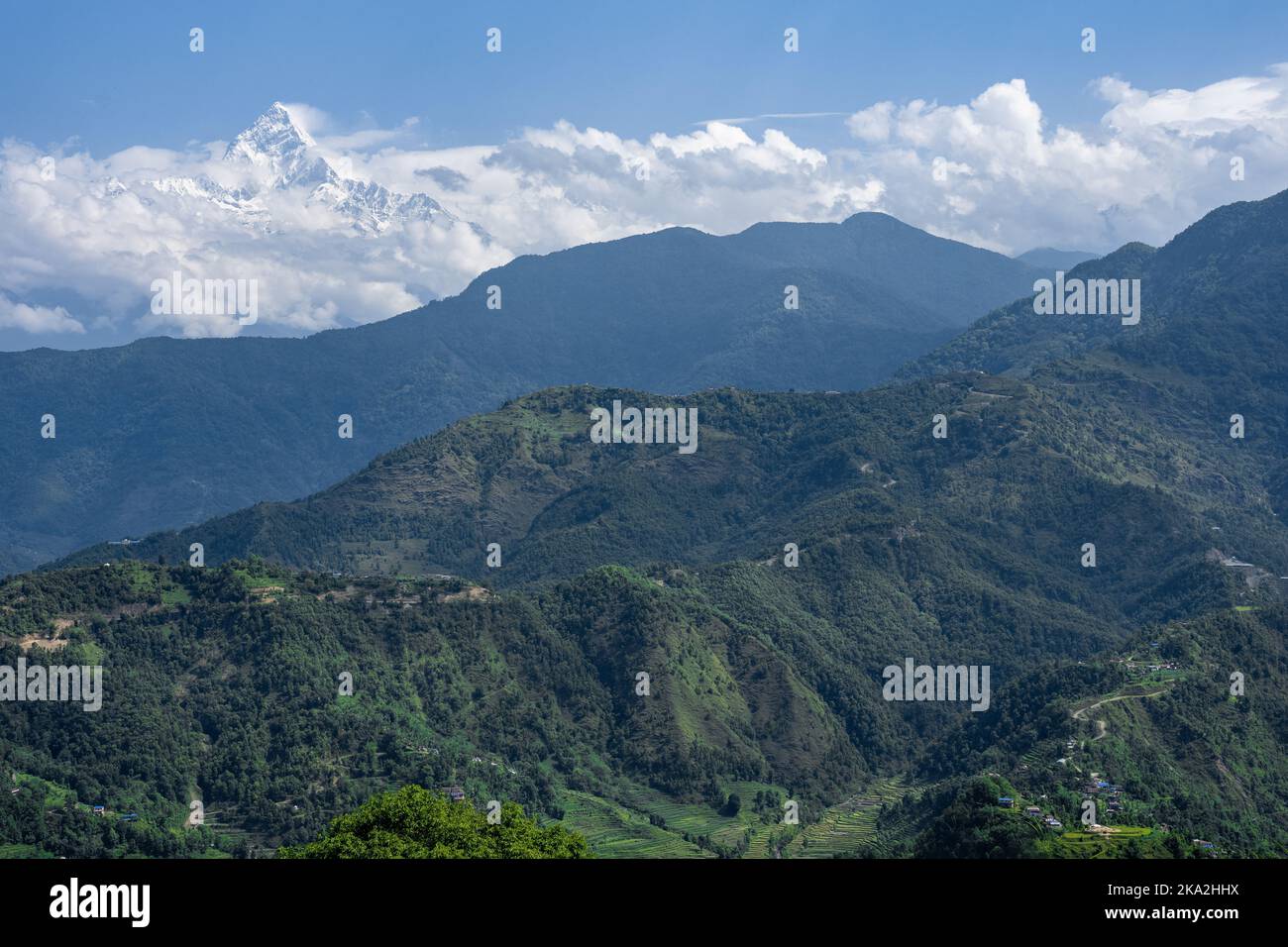 The Machapuchare AKA Fishtail Mountain green hills, Himalaya Range, Nepal Stock Photo - Alamy