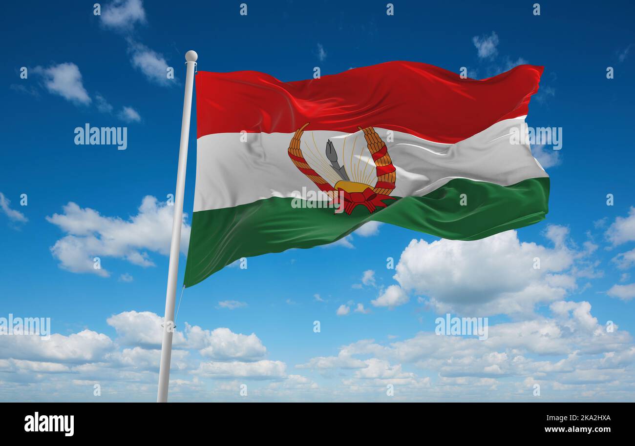 flag of Republic of Mahabad, asia at cloudy sky background, panoramic ...