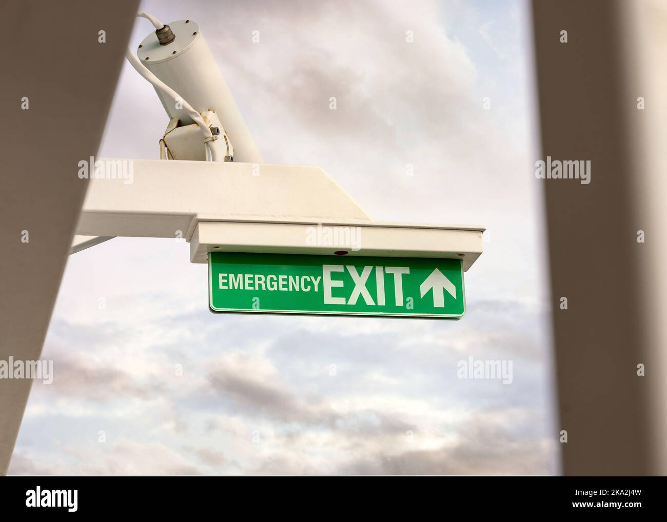 Emergency exit sign green with white text and cctv camera above Stock ...