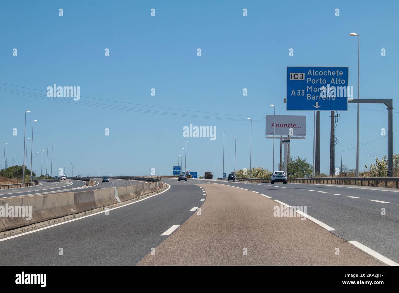 The highway view from the Lisbon with road signs and cars, Portugal ...