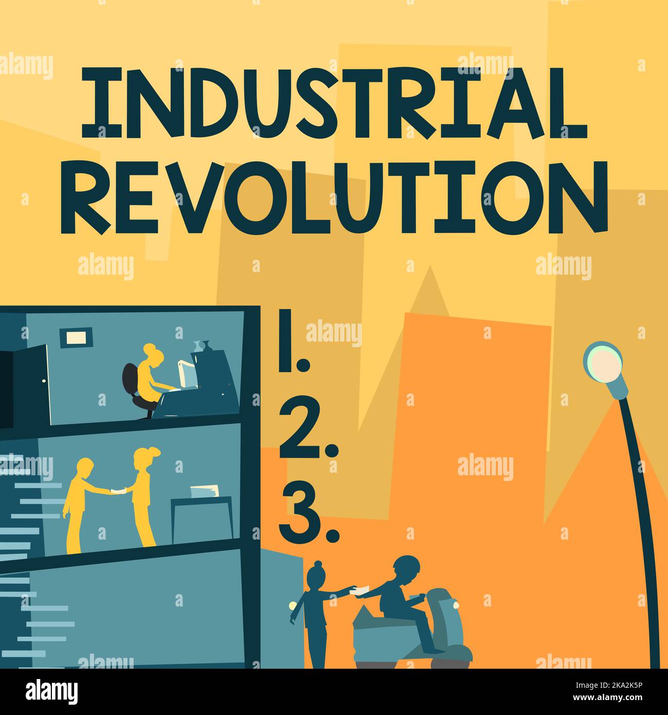 Text caption presenting Industrial Revolution. Business concept changes ...