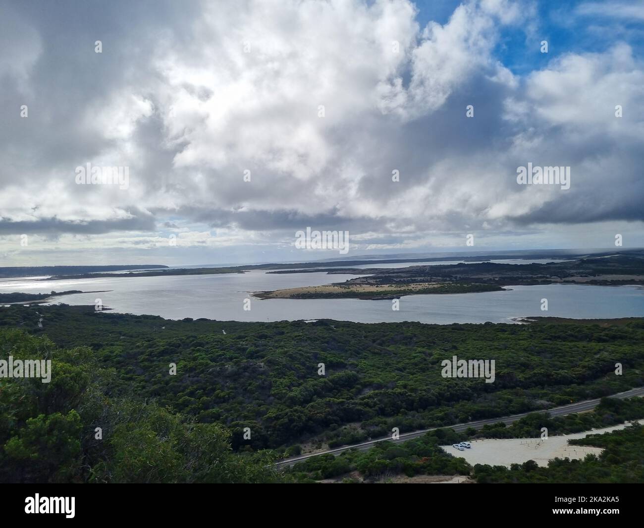A scenic display of the lake on Prospect hill on Kangaroo island with a ...