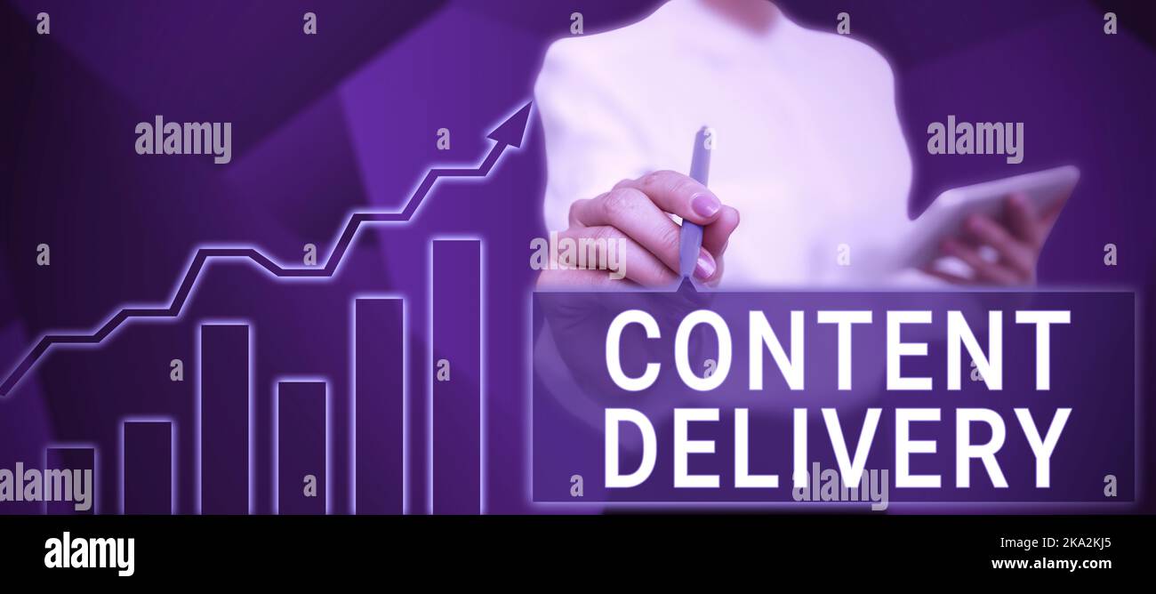 Text sign showing Content Delivery. Word Written on method for studying ...