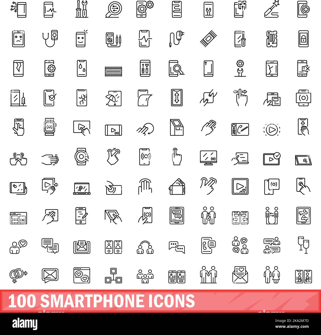 100 smartphone icons set. Outline illustration of 100 smartphone icons ...