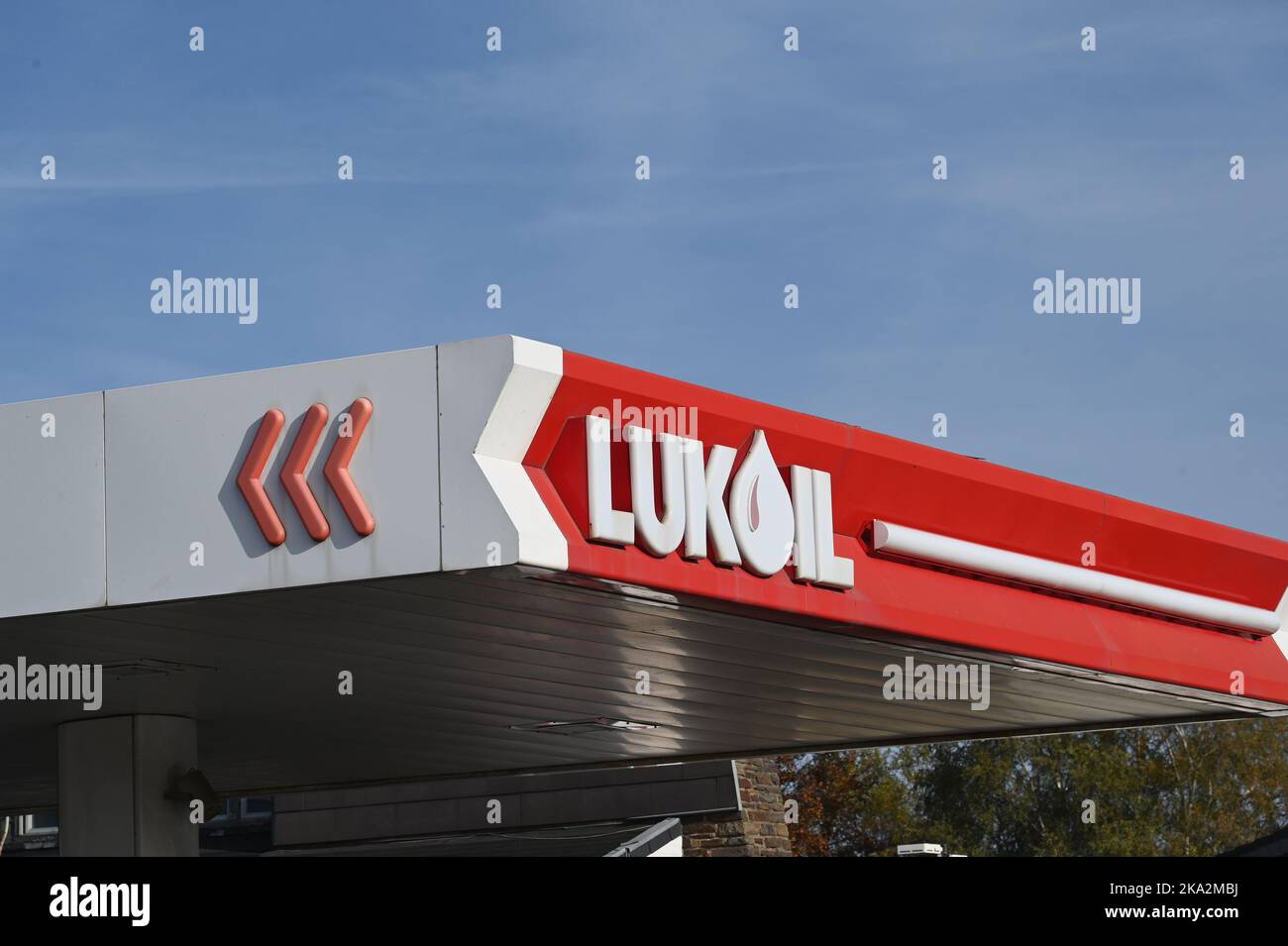 30 October 2022, Belgium, Eupen: Logo, lettering of LUKOIL, a Russian ...