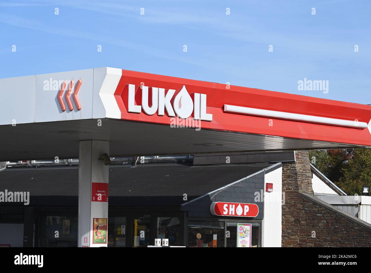 30 October 2022, Belgium, Eupen: Logo, lettering of LUKOIL, a Russian ...