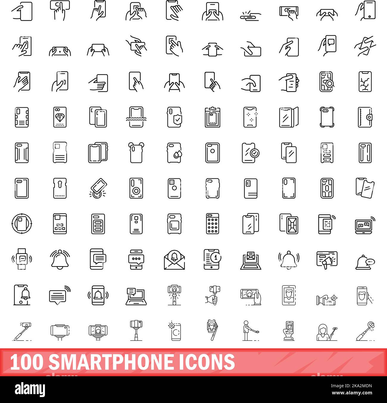 100 smartphone icons set. Outline illustration of 100 smartphone icons ...