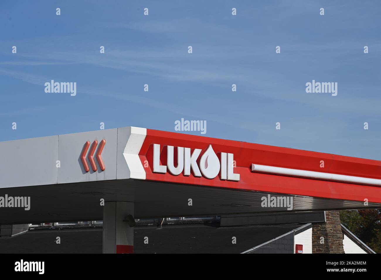 30 October 2022, Belgium, Eupen: Logo, lettering of LUKOIL, a Russian ...