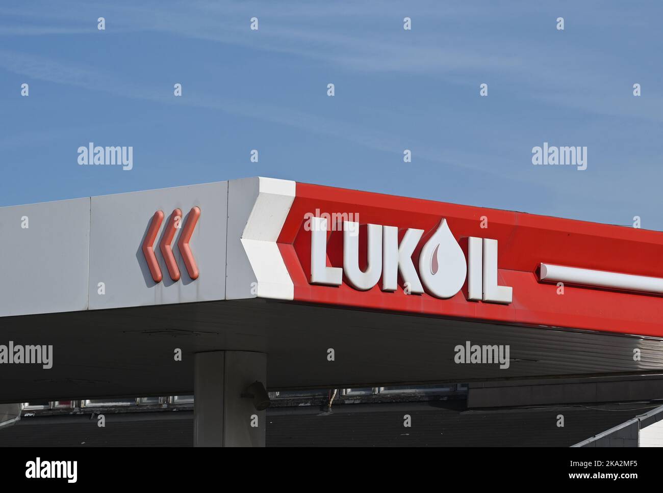 30 October 2022, Belgium, Eupen: Logo, lettering of LUKOIL, a Russian ...