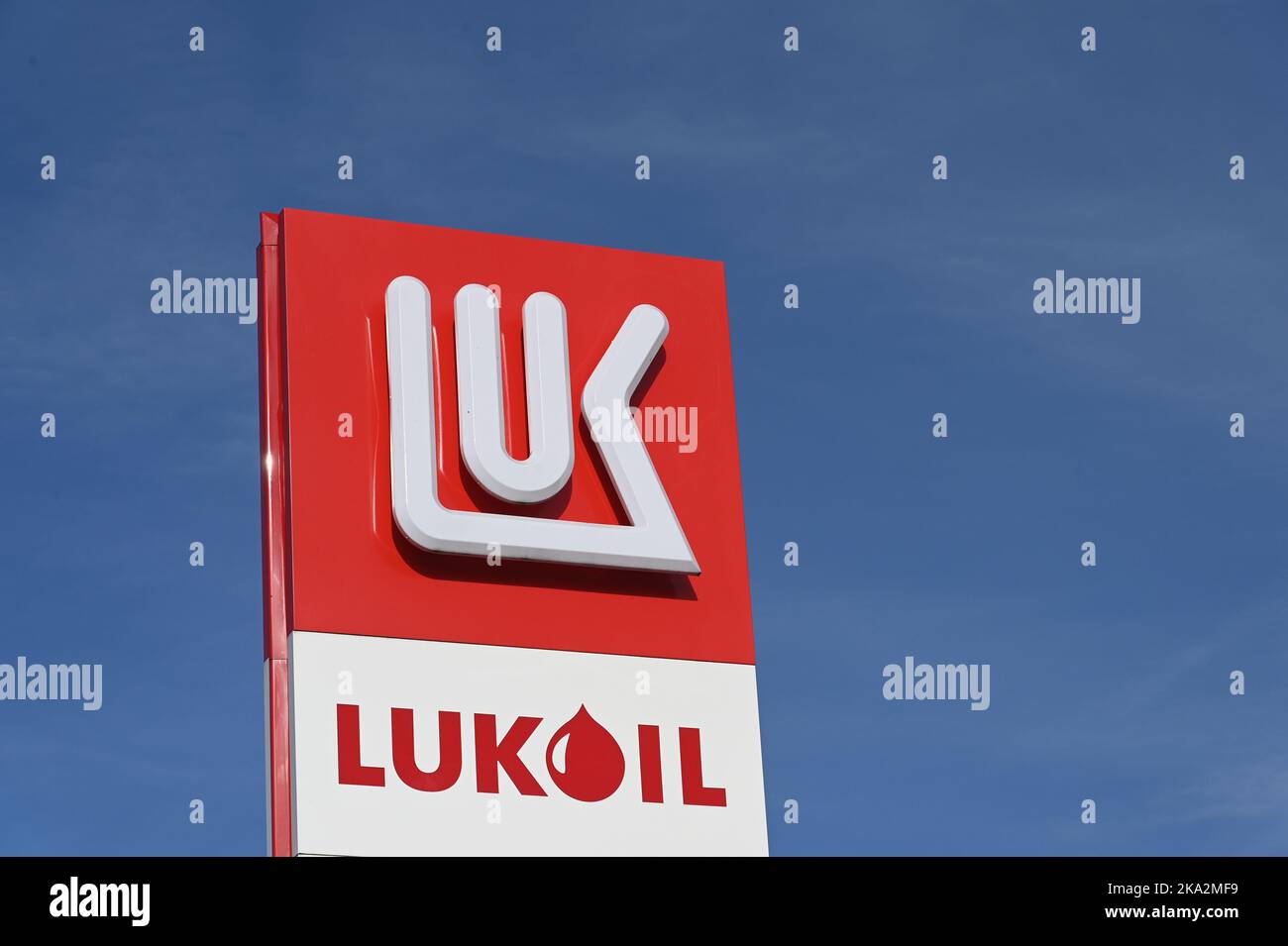 30 October 2022, Belgium, Eupen: Logo, lettering of LUKOIL, a Russian ...