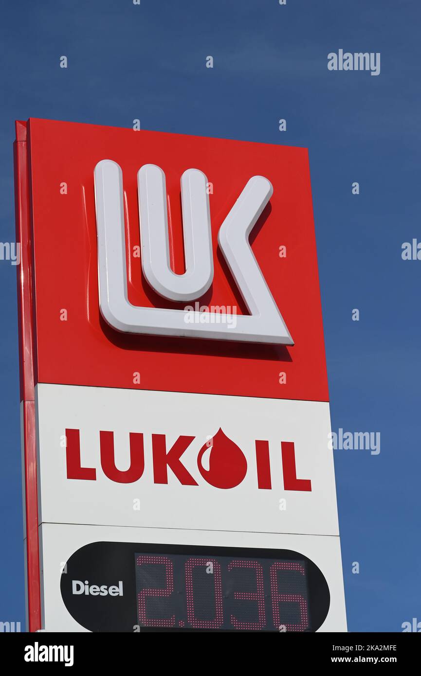 30 October 2022, Belgium, Eupen: Logo, lettering of LUKOIL, a Russian ...