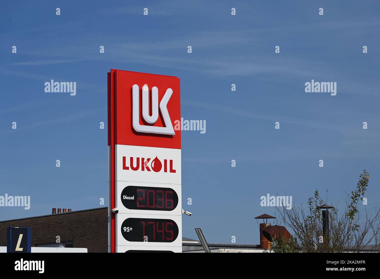 30 October 2022, Belgium, Eupen: Logo, lettering of LUKOIL, a Russian ...