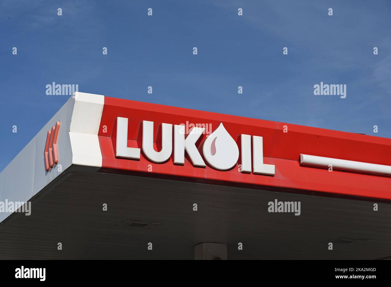 30 October 2022, Belgium, Eupen: Logo, lettering of LUKOIL, a Russian ...