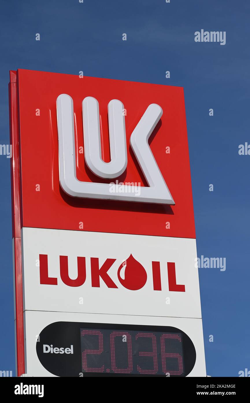 30 October 2022, Belgium, Eupen: Logo, lettering of LUKOIL, a Russian ...