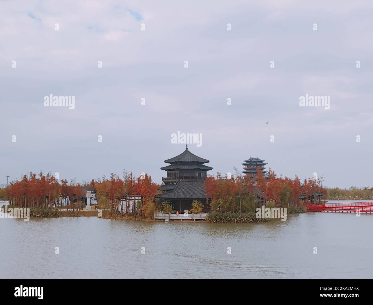 An aerial view of temple surrounded by water in YanCheng Stock Photo ...