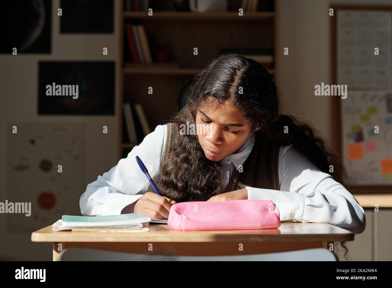 Pre-teen diligent schoolgirl making notes in copybook or writing down ...