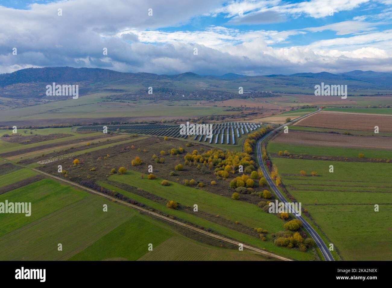 Solar panels aerial view. Solar energy modules, photovoltaic PV plant ...
