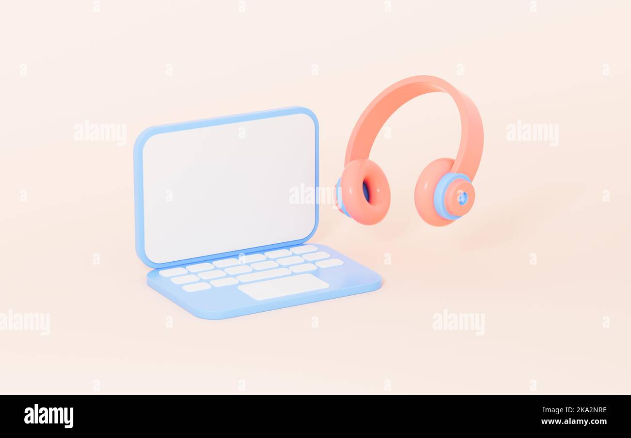 Cartoon style laptop and headphones, 3d rendering. Digital drawing ...