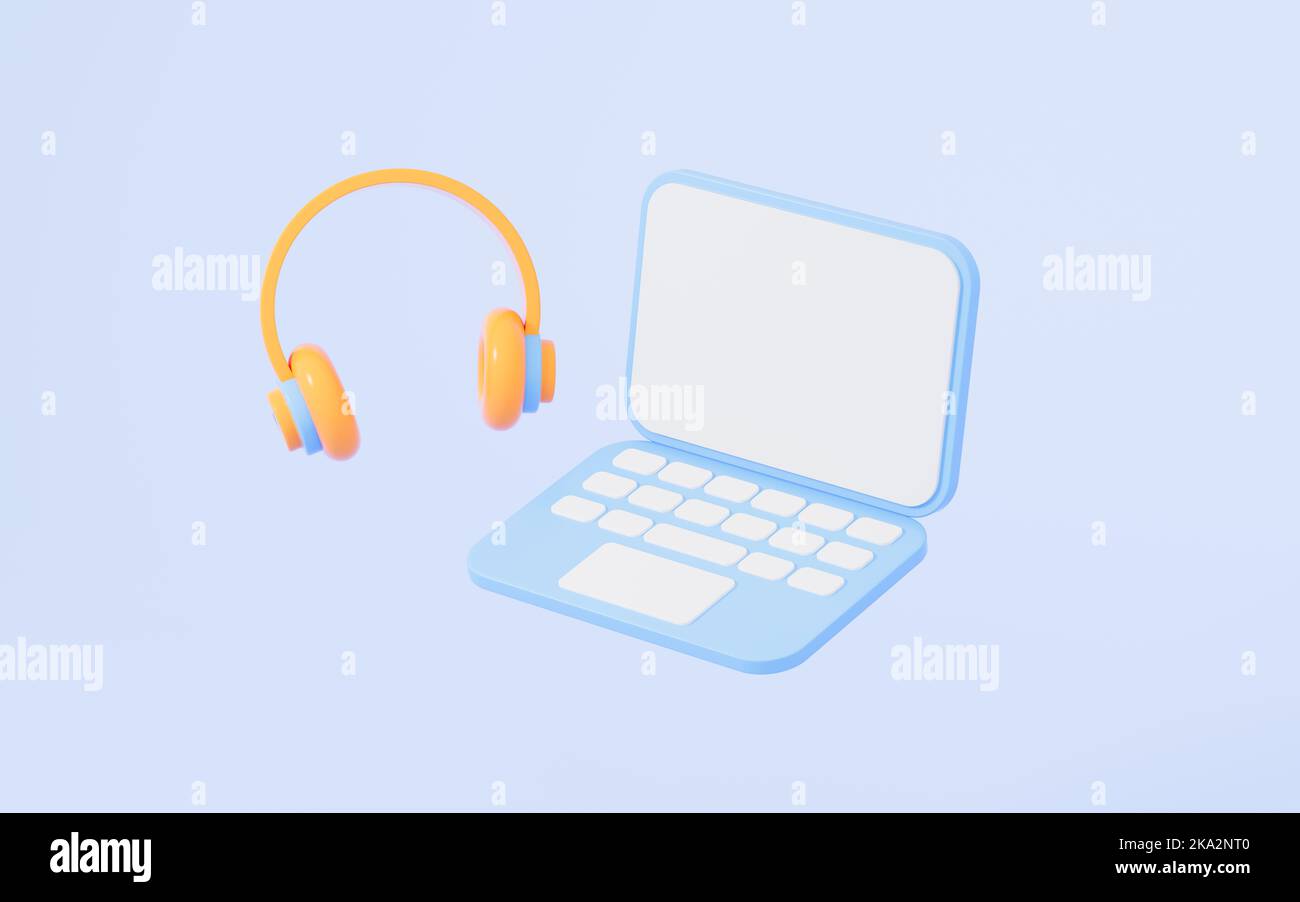 Cartoon style laptop and headphones, 3d rendering. Digital drawing ...