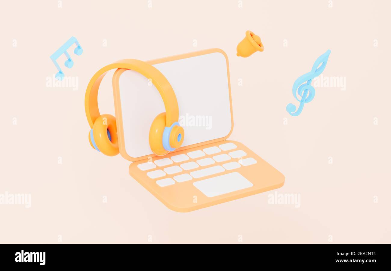 Cartoon style laptop and headphones, 3d rendering. Digital drawing ...