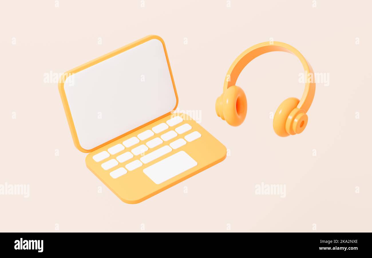 Cartoon style laptop and headphones, 3d rendering. Digital drawing ...