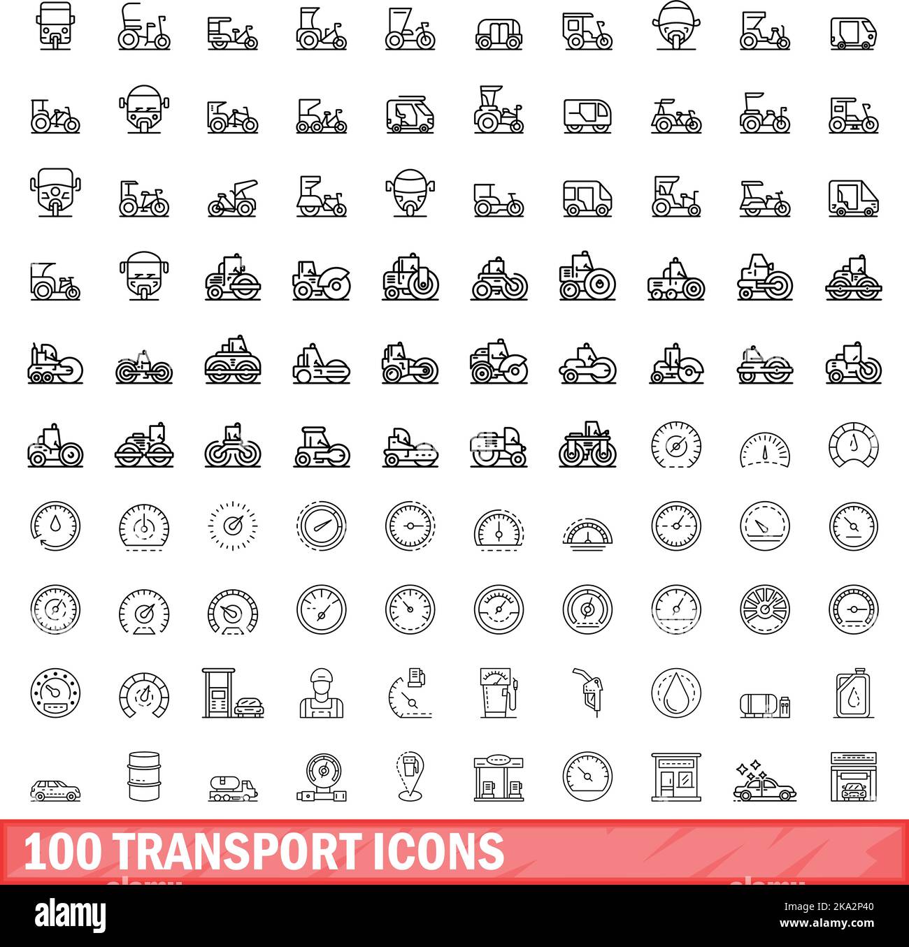 100 transport icons set. Outline illustration of 100 transport icons vector set isolated on ...