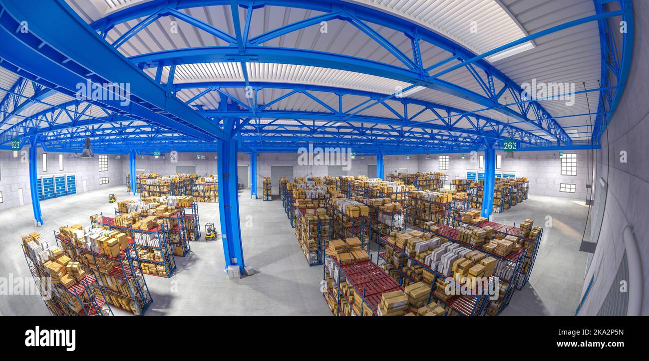 interior of a logistic warehouse with fisheye view from above. 3d ...