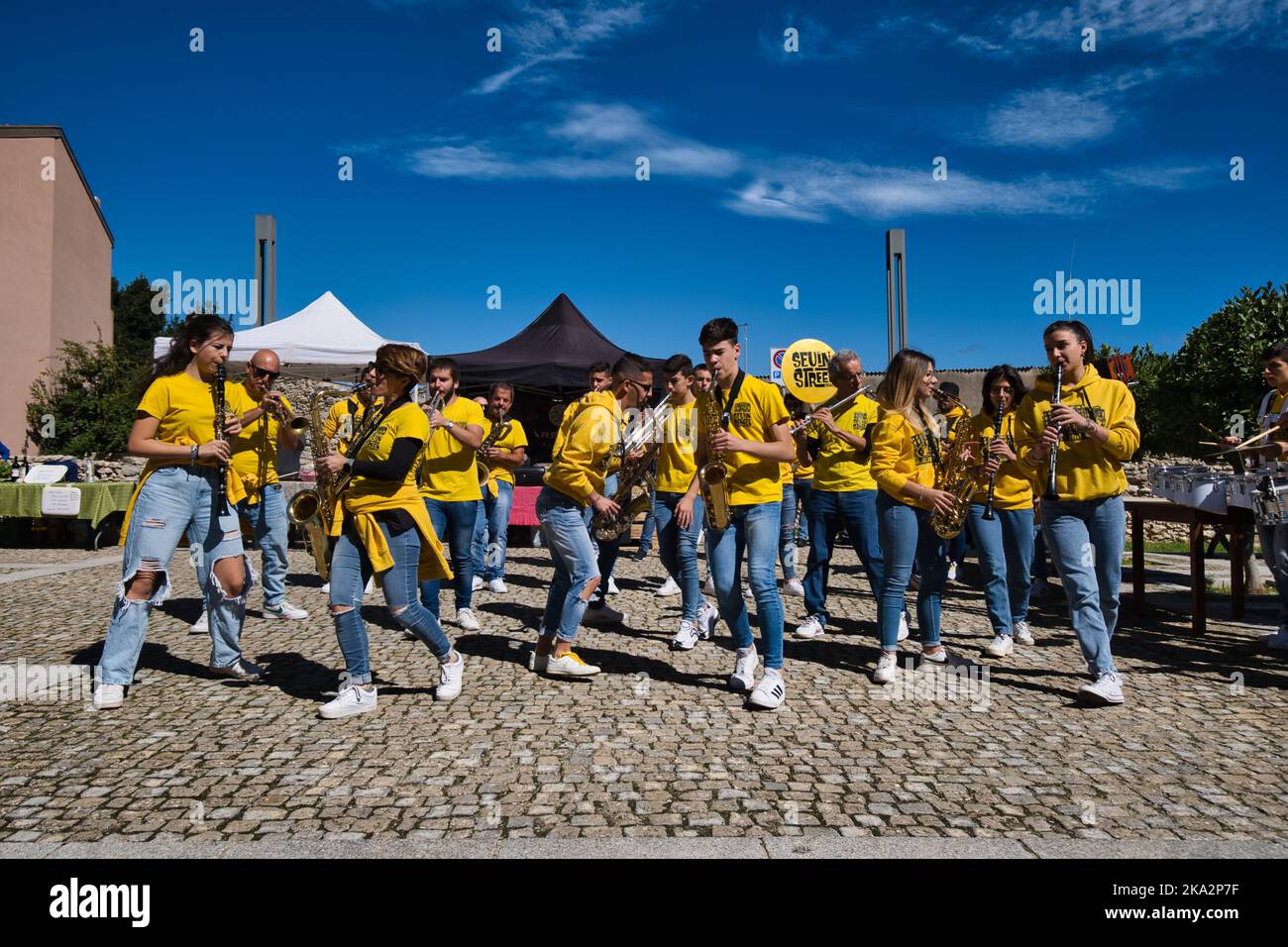 The Seui in street Band performing in Isili Stock Photo - Alamy