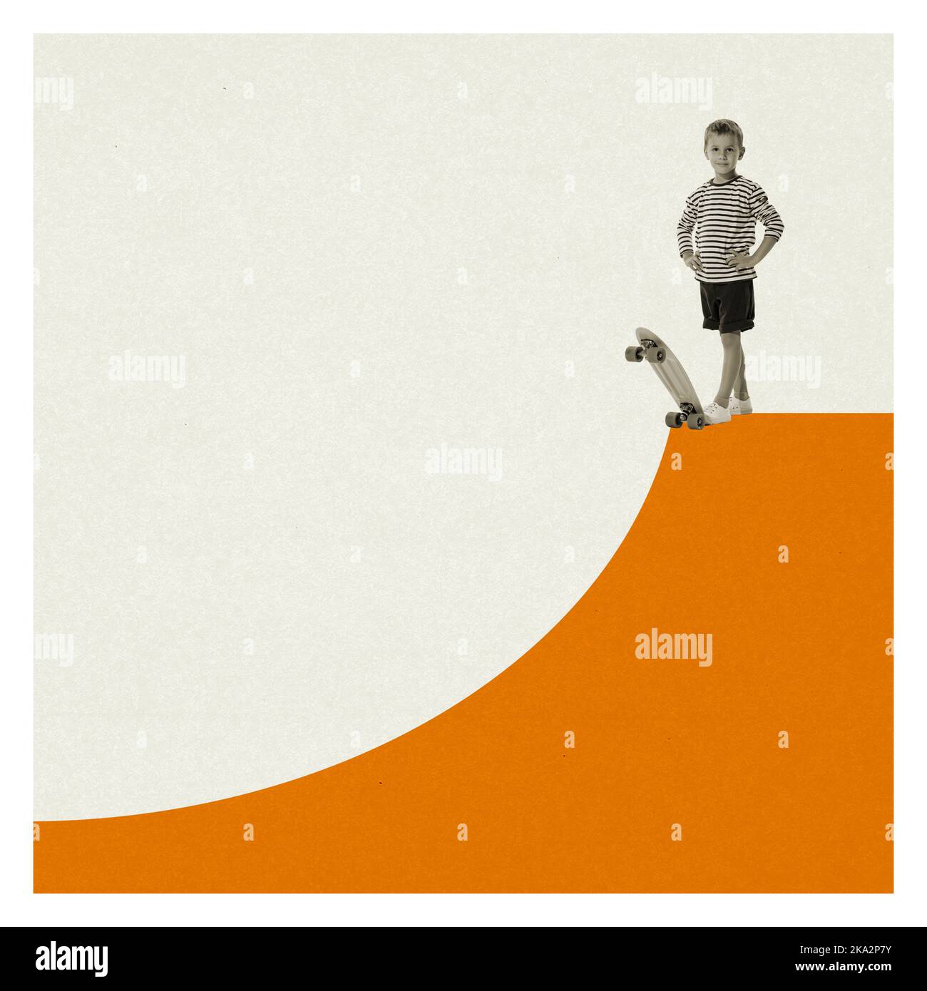 Contemporary art collage. Litlte retro boy with skate playing, having ...