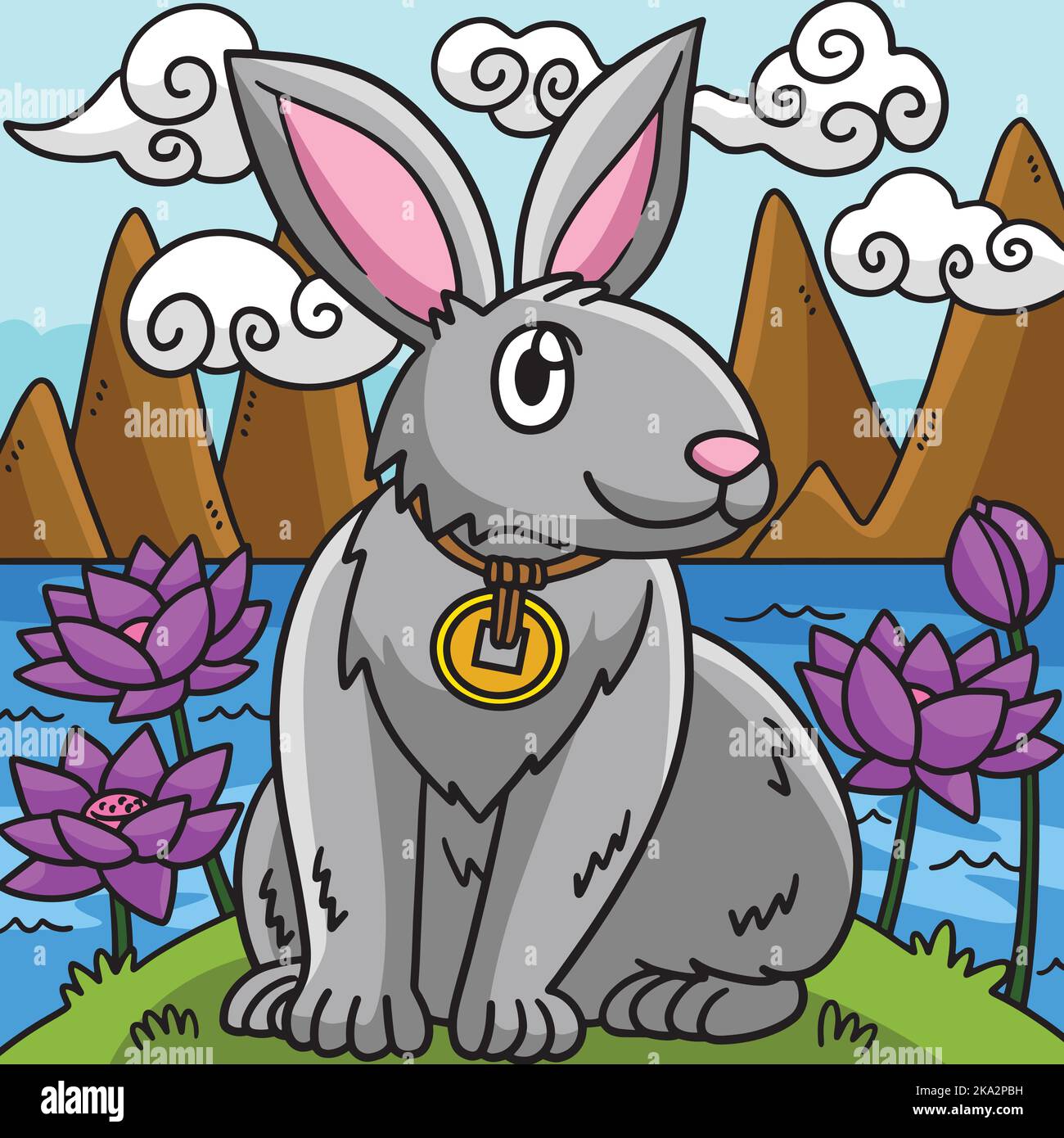 Rabbit in Lotus Garden Colored Cartoon Stock Vector Image & Art - Alamy