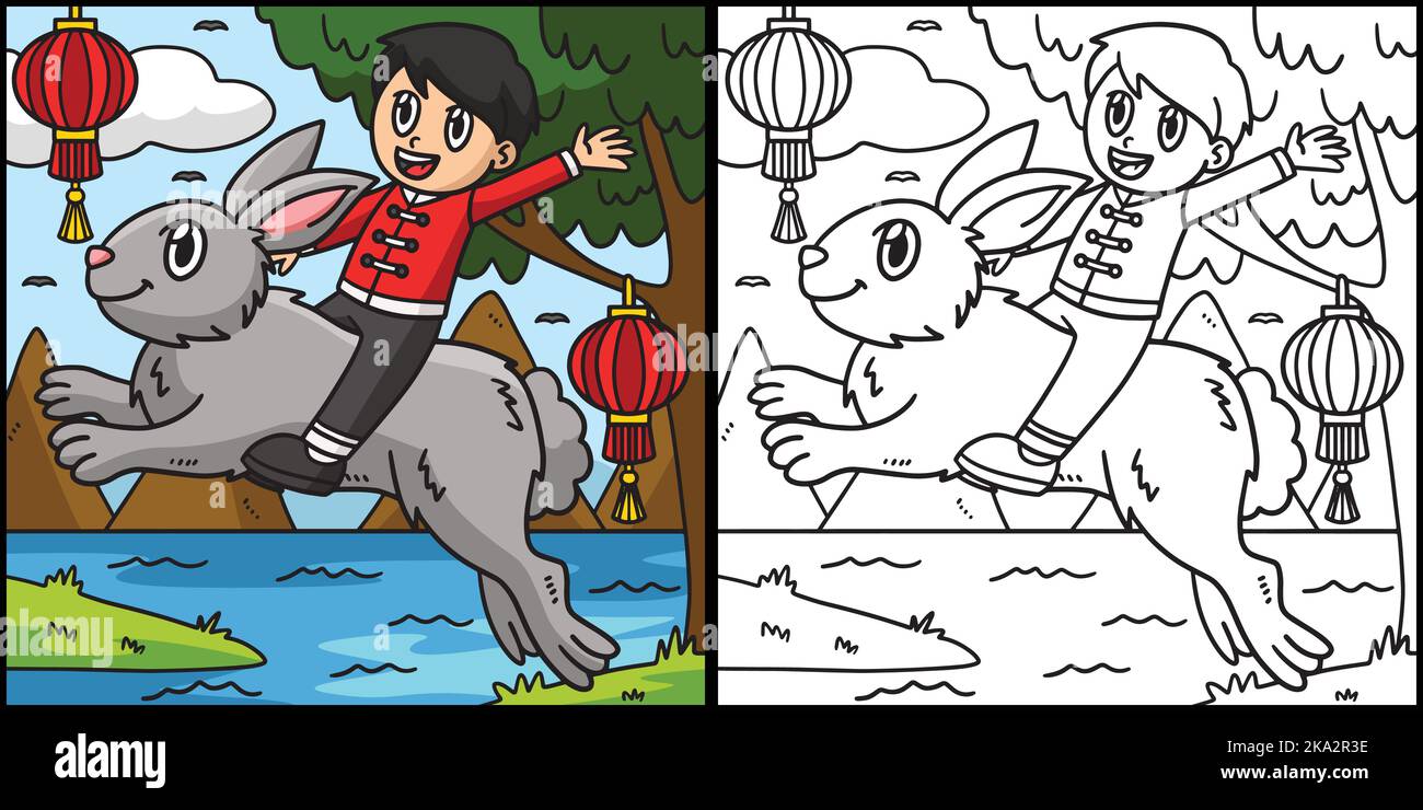 Boy Riding Rabbit Coloring Page Illustration Stock Vector Image & Art ...