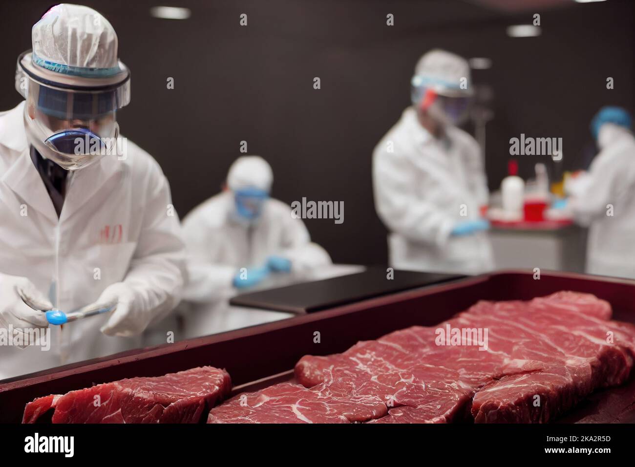 A cultivated cell-based meat grown in lab with scientists working in ...