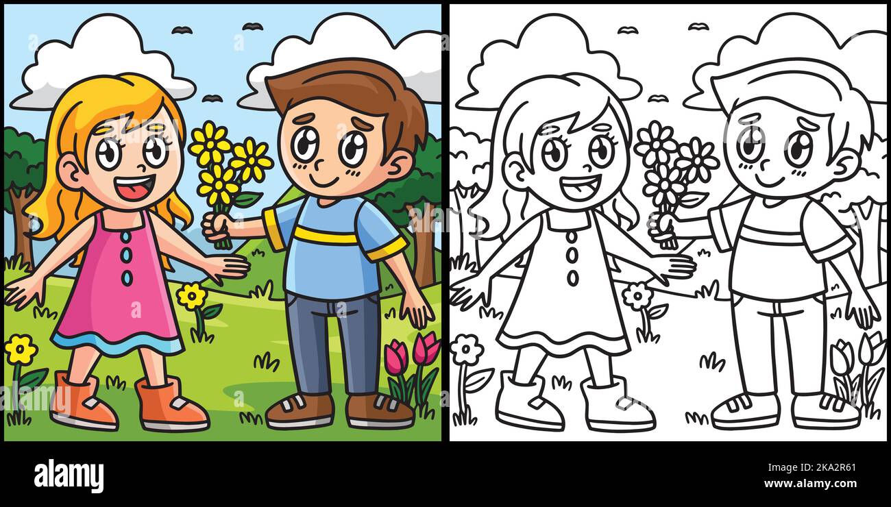 Boy Giving Flowers to Girl Coloring Illustration Stock Vector Image ...