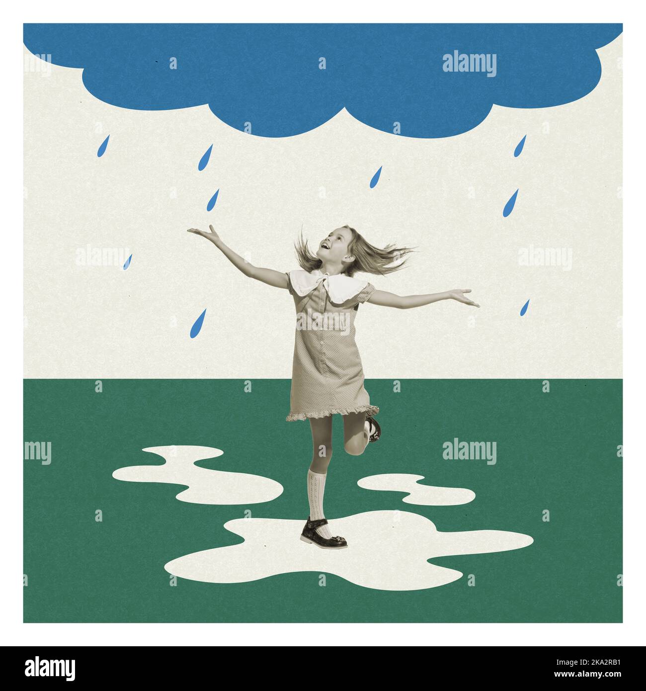 Happy mood. Art collage with cute school age kid standing under drawn ...