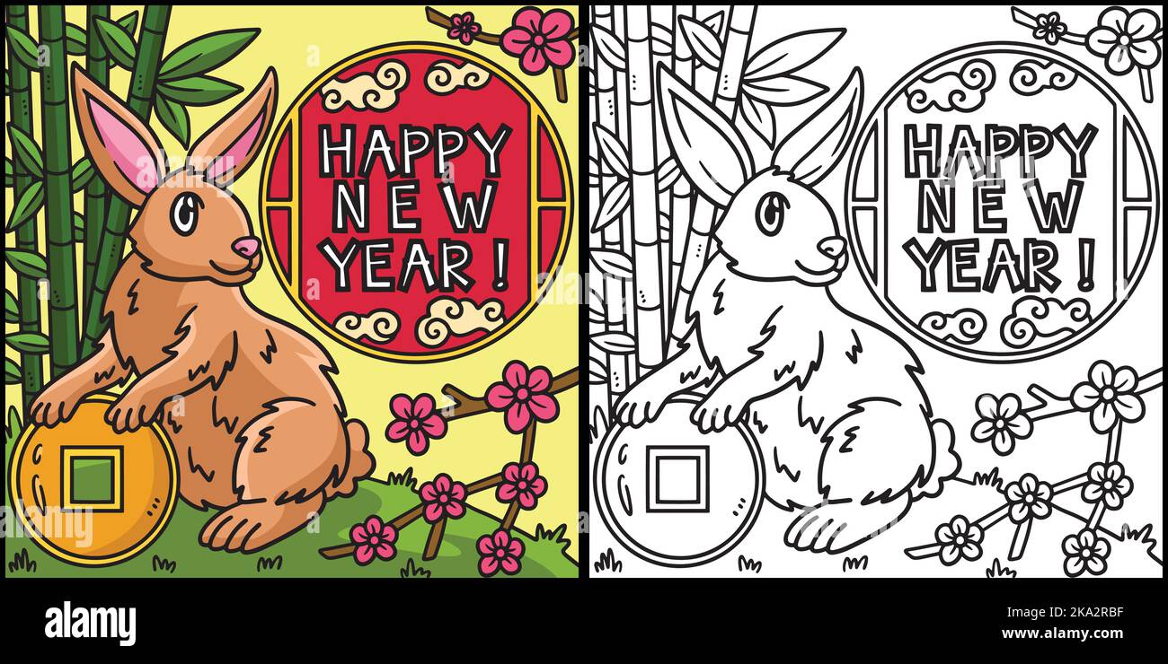 Happy New Year Rabbit Coloring Page Illustration Stock Vector Image ...