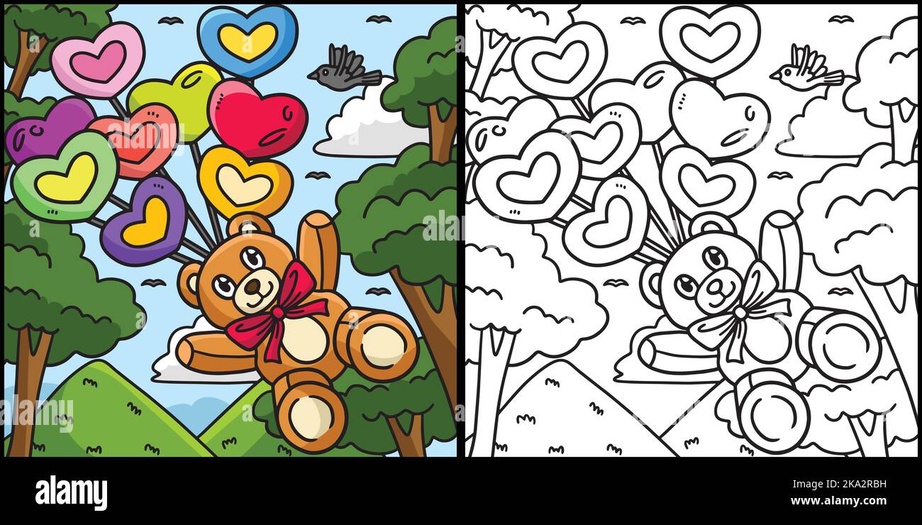 Teddy Bear Heart Balloons Coloring Illustration Stock Vector Image ...
