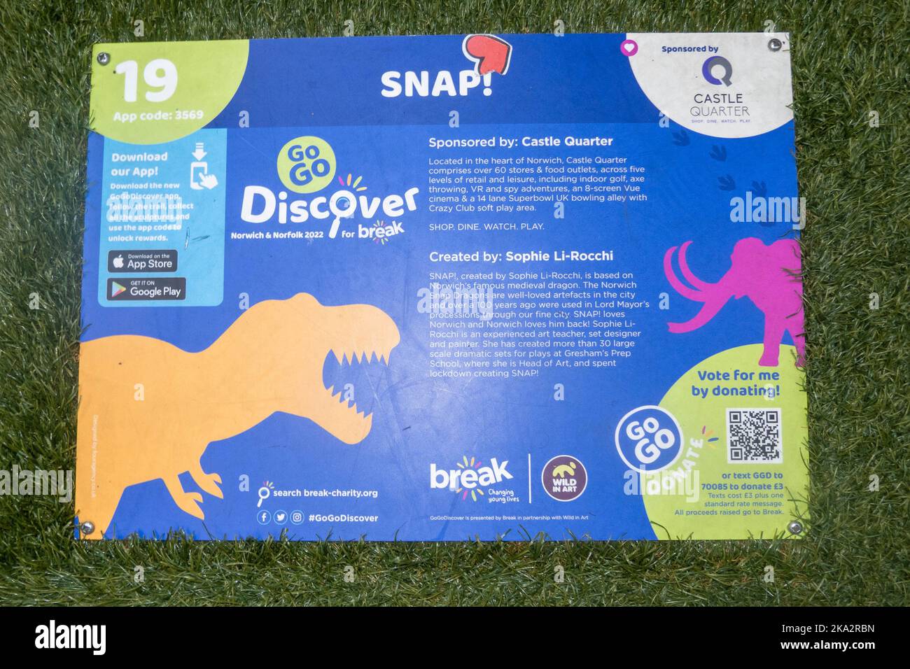 Information board of number 19 dinosaur in the Castle Quarter Norwich ...