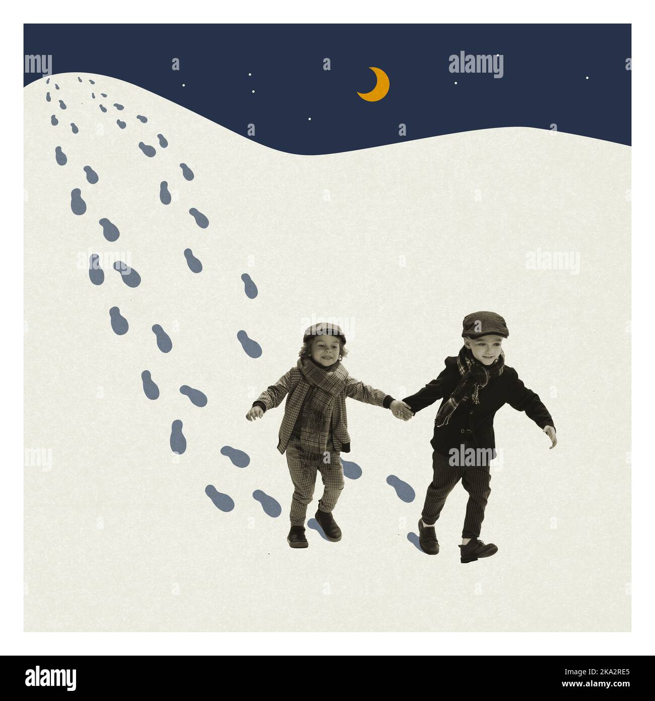 Happy mood. Art collage with cute school age kids running in the snow ...