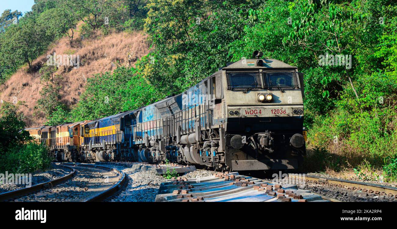 An old train with direction to Dudh Sagar Waterfalls, Goa Stock Photo ...