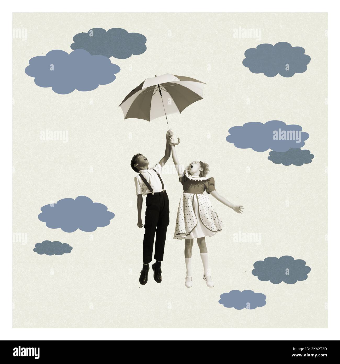 Happy mood. Art collage with cute school age kids under drawn rain ...