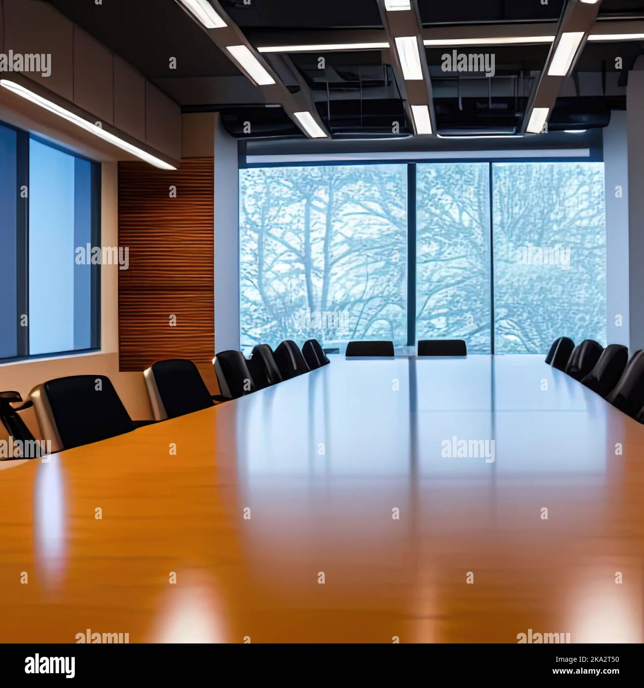 A spacious meeting room with ceiling lighting and wide windows Stock ...
