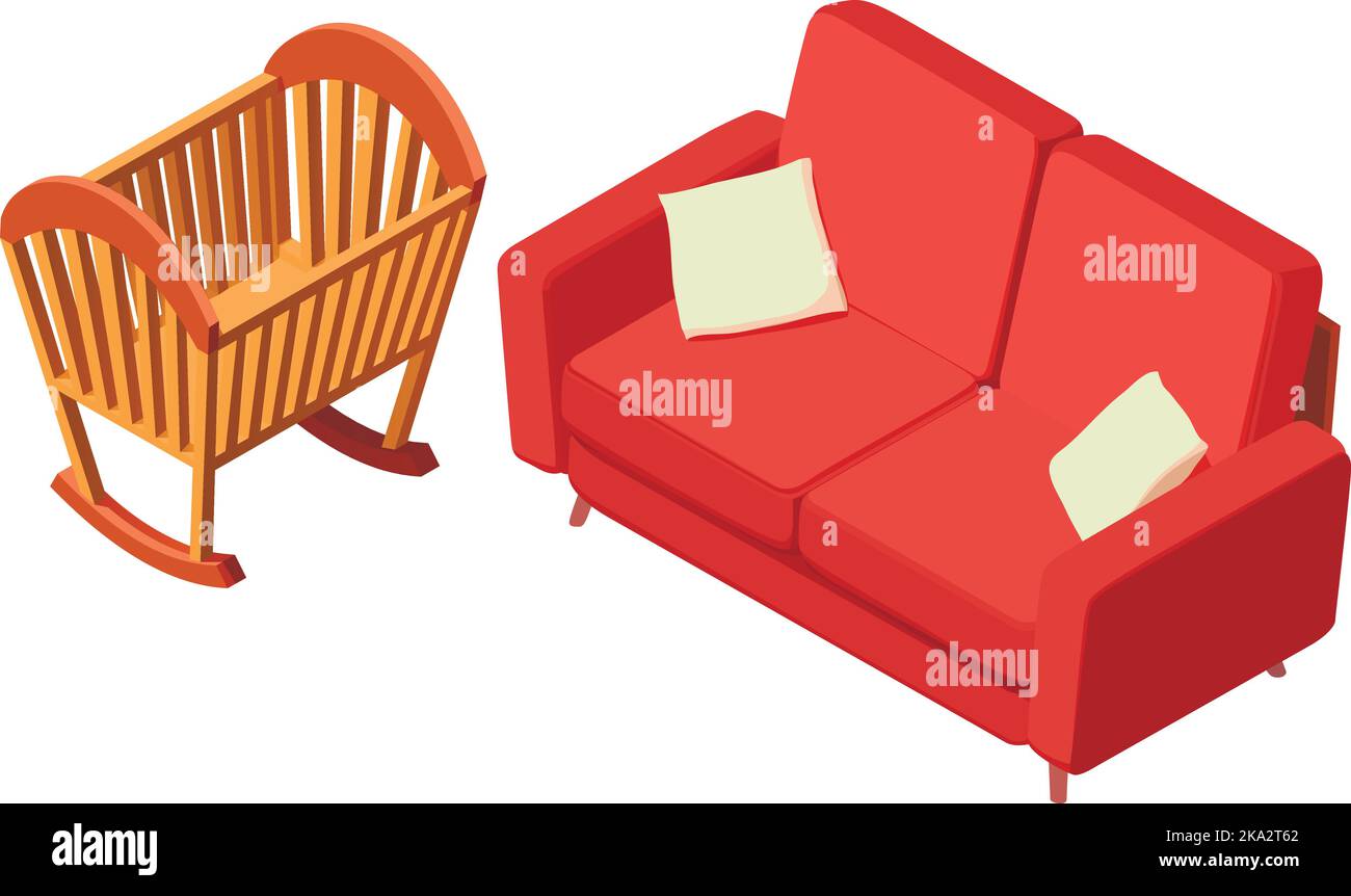 Baby furniture icon isometric vector. Wooden cradle and red sofa with ...