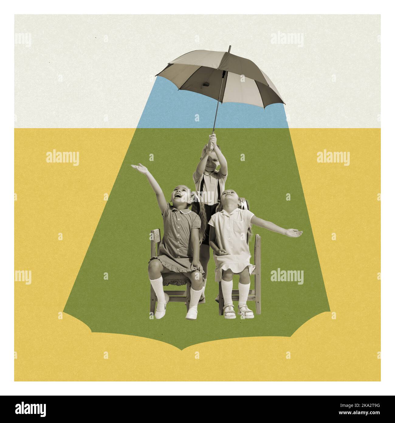 Happy mood. Art collage with cute school age kids under drawn rain ...